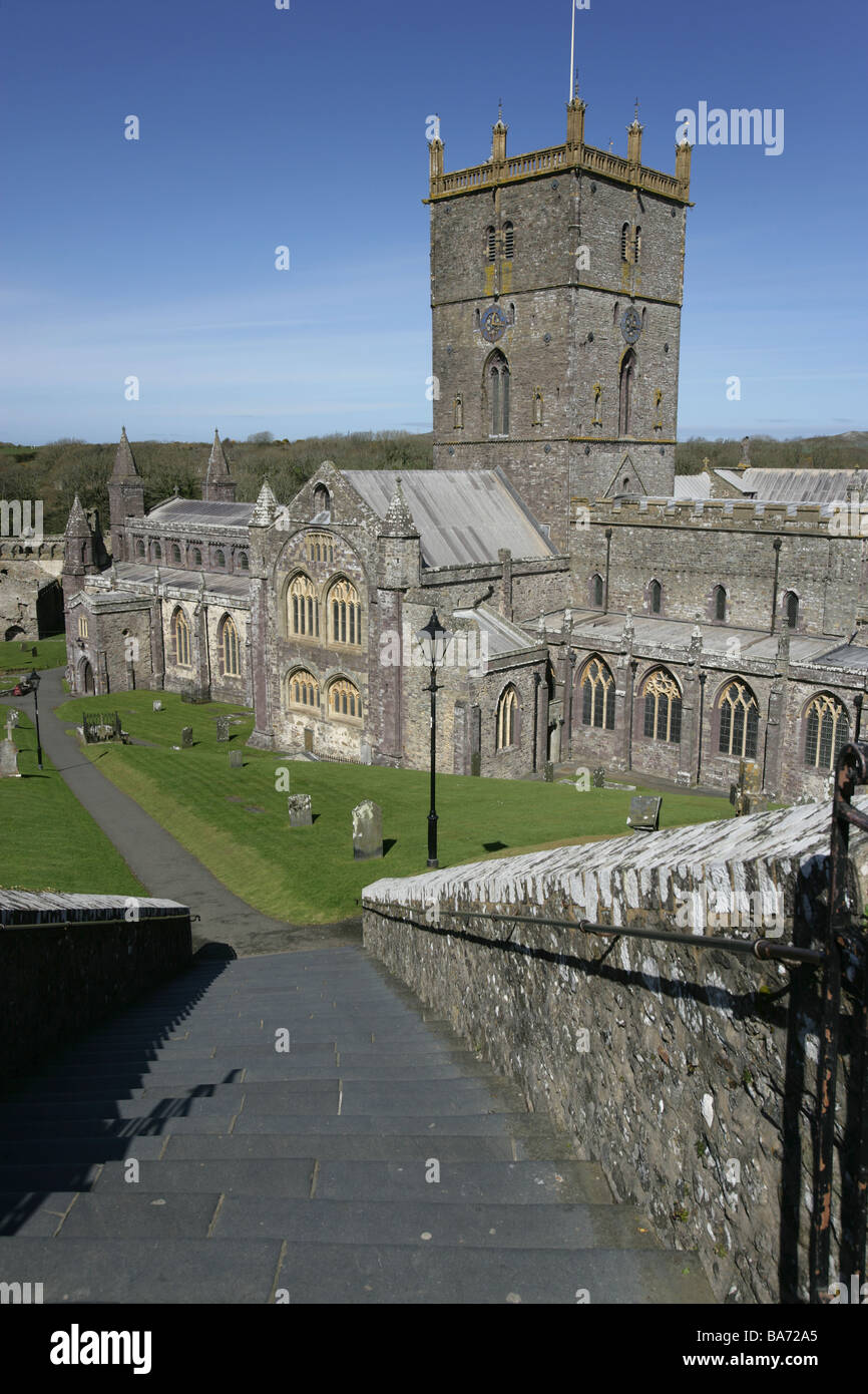 City of St David’s, Wales. Steps leading down to the south elevation of ...