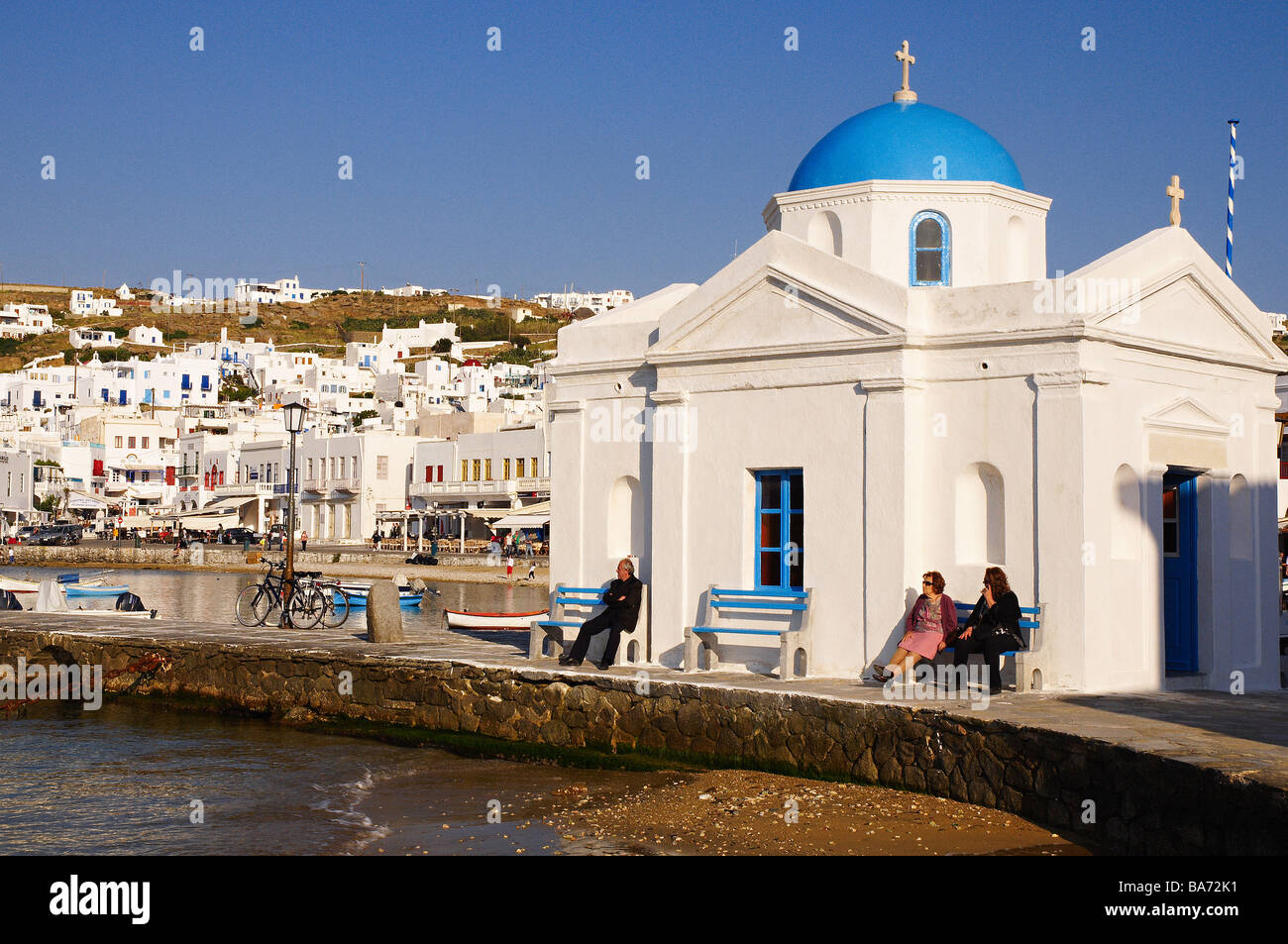 Greece, Cyclades, Mykonos Island, Hora, white chapel with blue dome ...