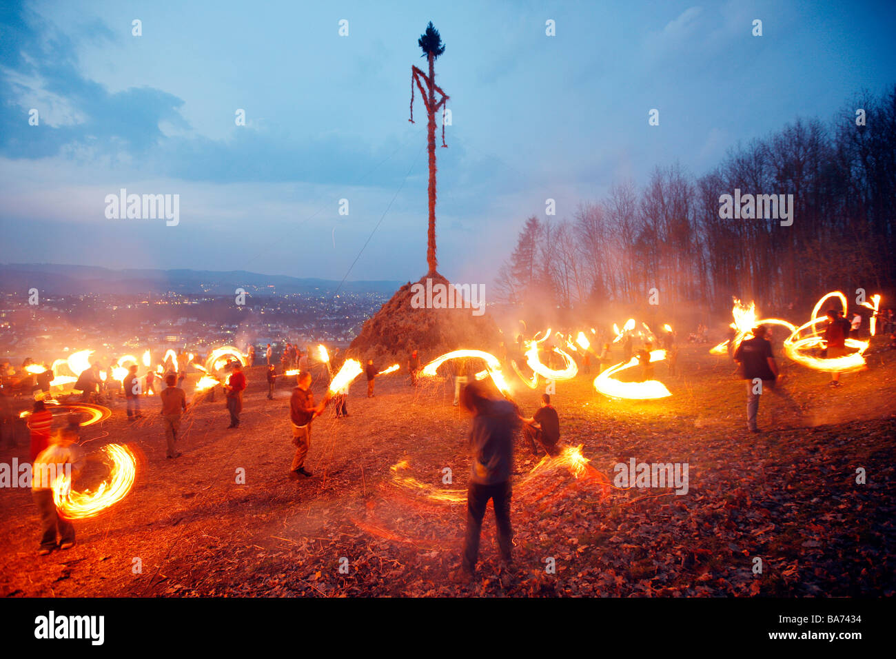 Traditional Easter fire on 7 hills around the city of Attendorn in the ...