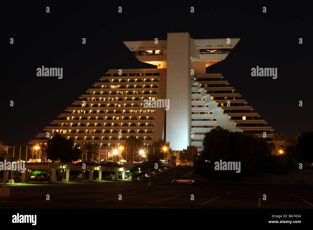 The Doha Sheraton Hotel and Resort in Doha Qatar Arabia at night Stock ...