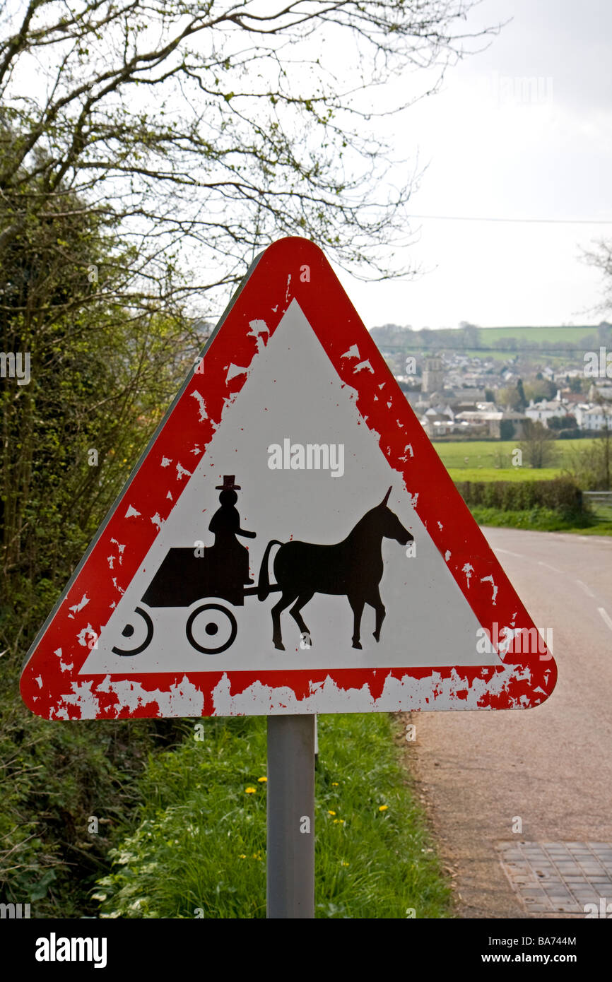 Horse and cart road warning sign that's been 'doctored', Colyton, Devon ...