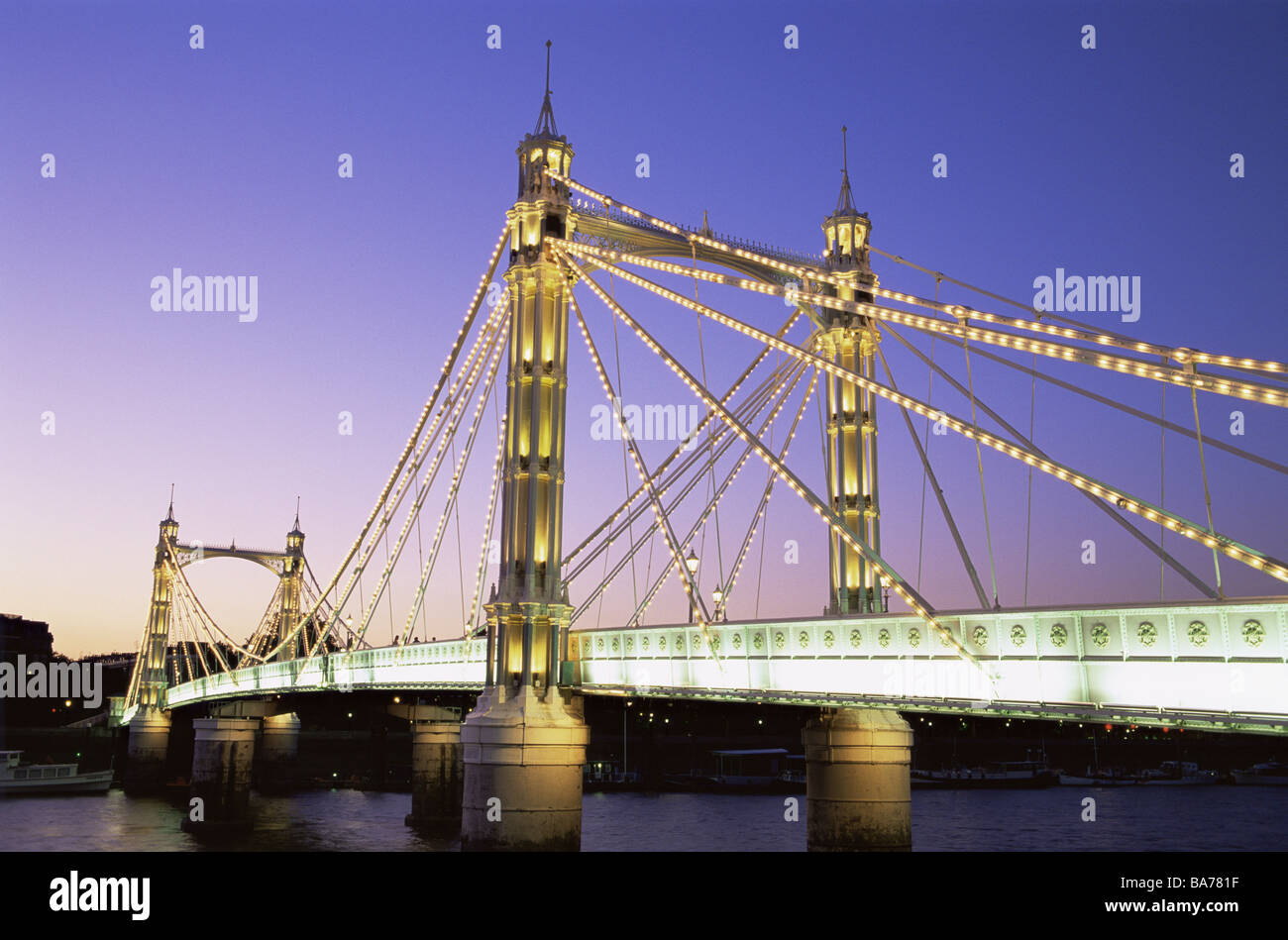 Great Britain England London Chelsea Albert Bridge illumination evening ...