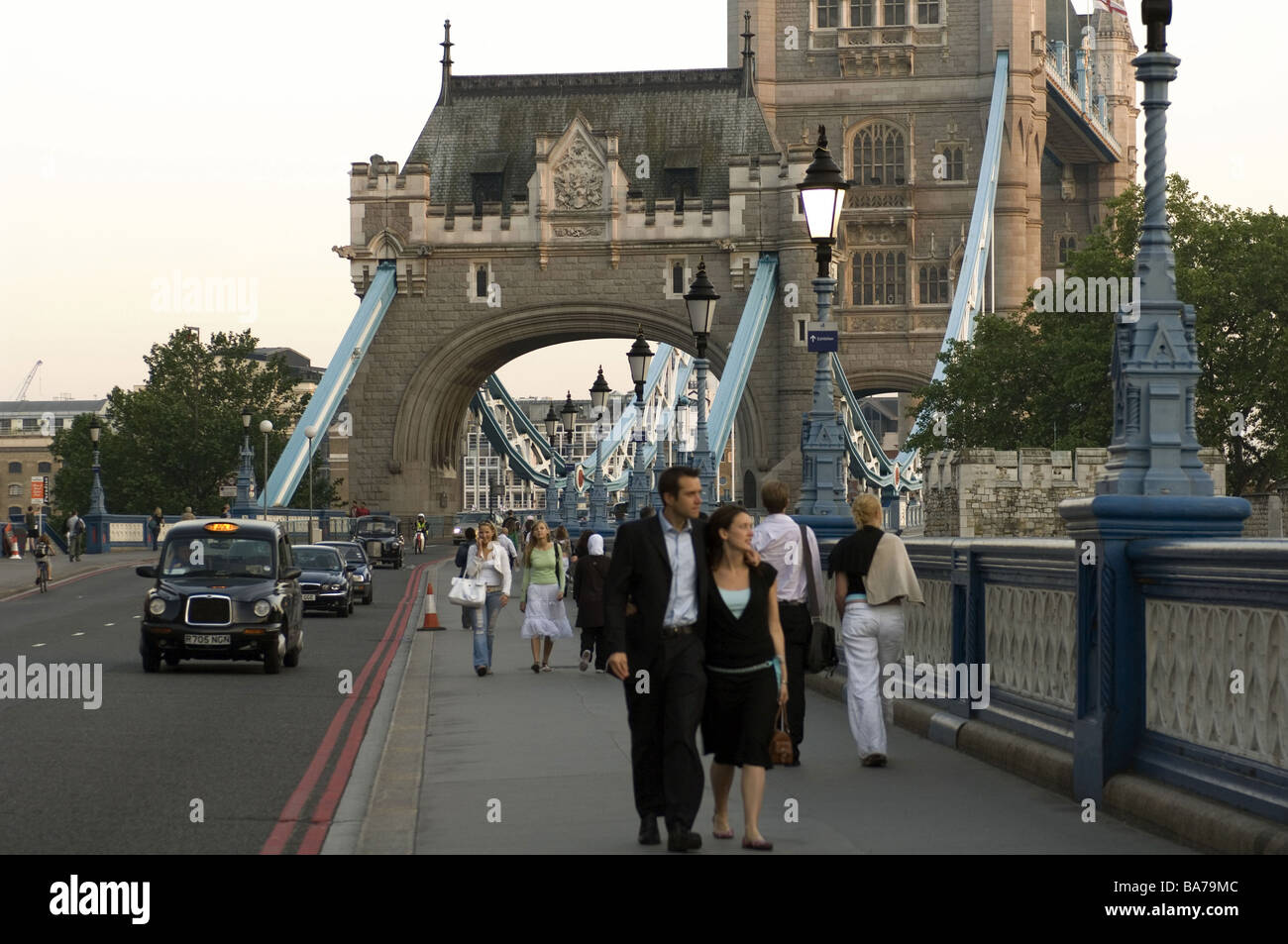 Great Britain England London tower bridge detail pedestrians cars ...