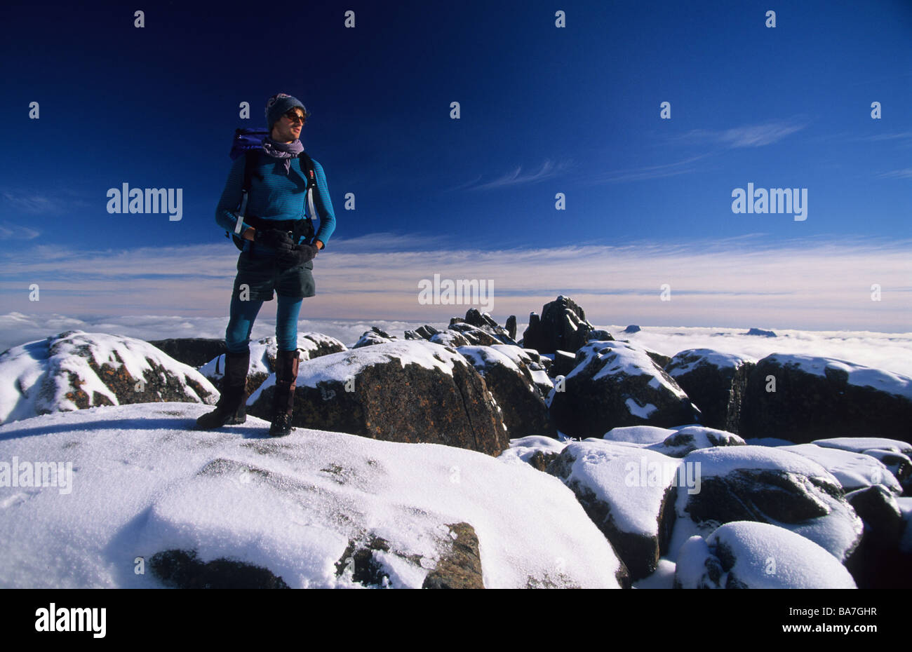 Hiker on top of Mt. Ossa, Cradle Mountain Lake St. Clair National Park ...