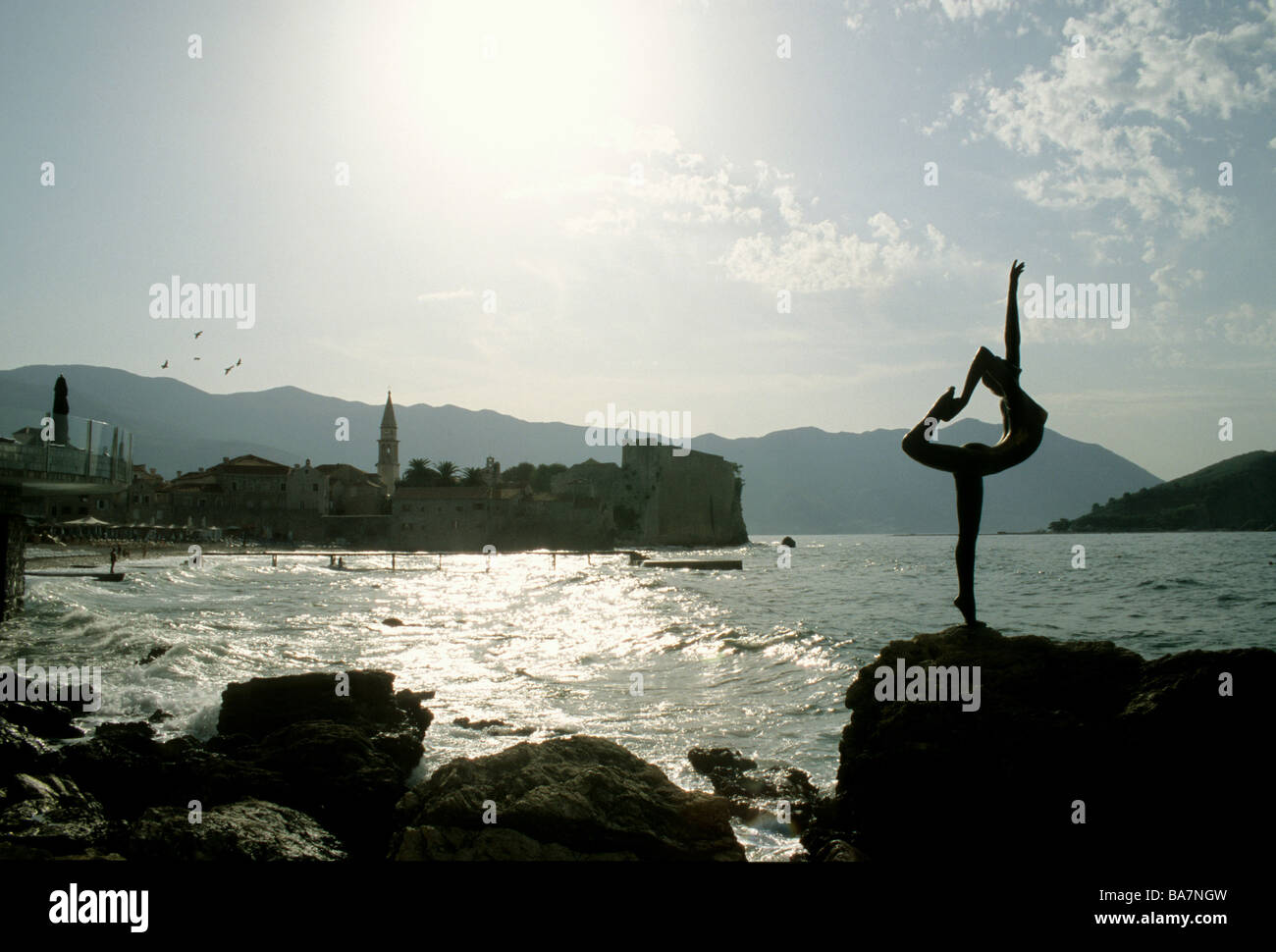 Castle and statue of mermaid, Budva, Montenegro Stock Photo - Alamy