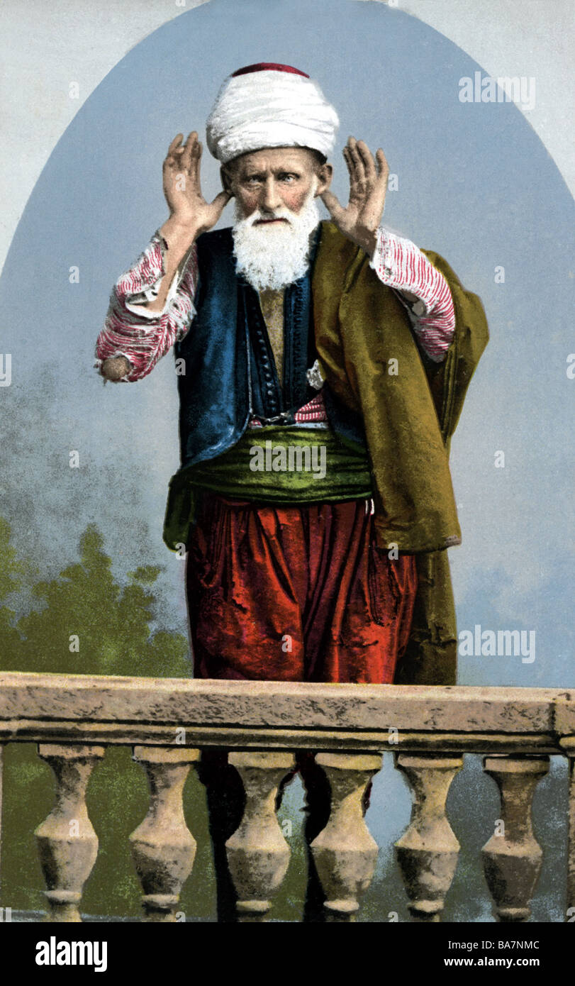 religion, Islam, prayer, Muezzin in Turkey, coloured picture postcard ...