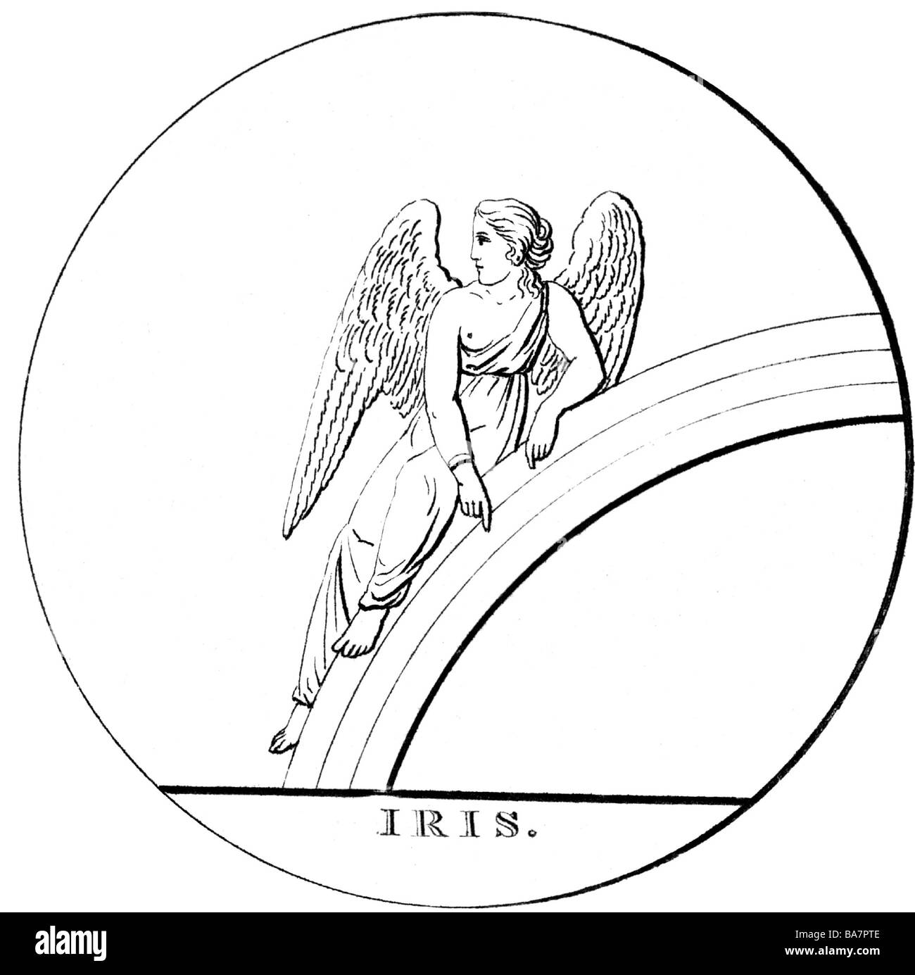 Iris, Greek messenger of the gods, sitting on rainbow, wood engraving, after ancient image, 1822 ...