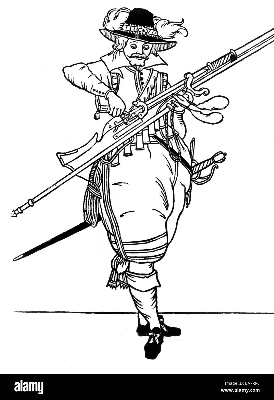 military, infantry, musketeers, musketeer loading musket, woodcut ...