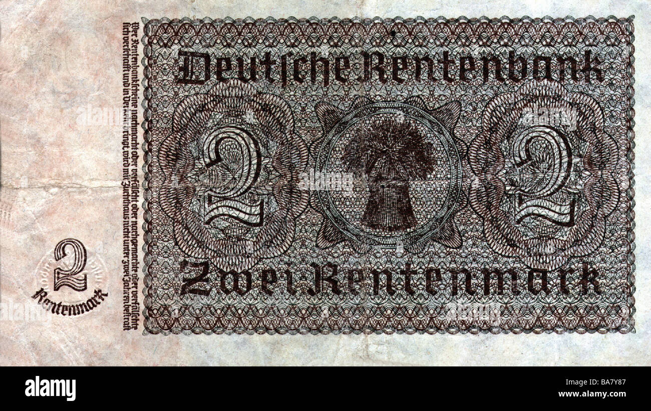 money / finance, banknotes, Germany, 2 Rentenmark, Deutsche Rentenbank ...
