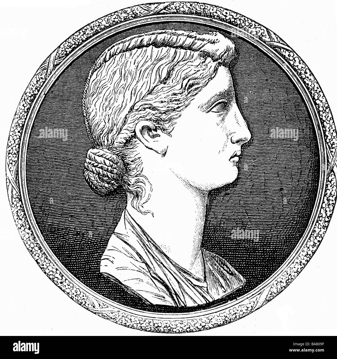 Octavia minor, 69 - 11 BC, portrait, ancient camoe, wood engraving 19th ...