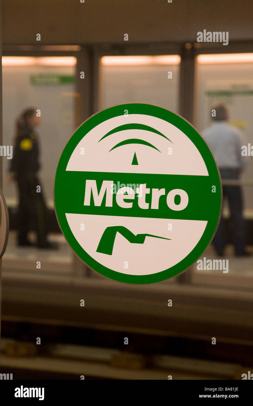 Metro logo sign on a glass platform barrier at Nervion station on the ...