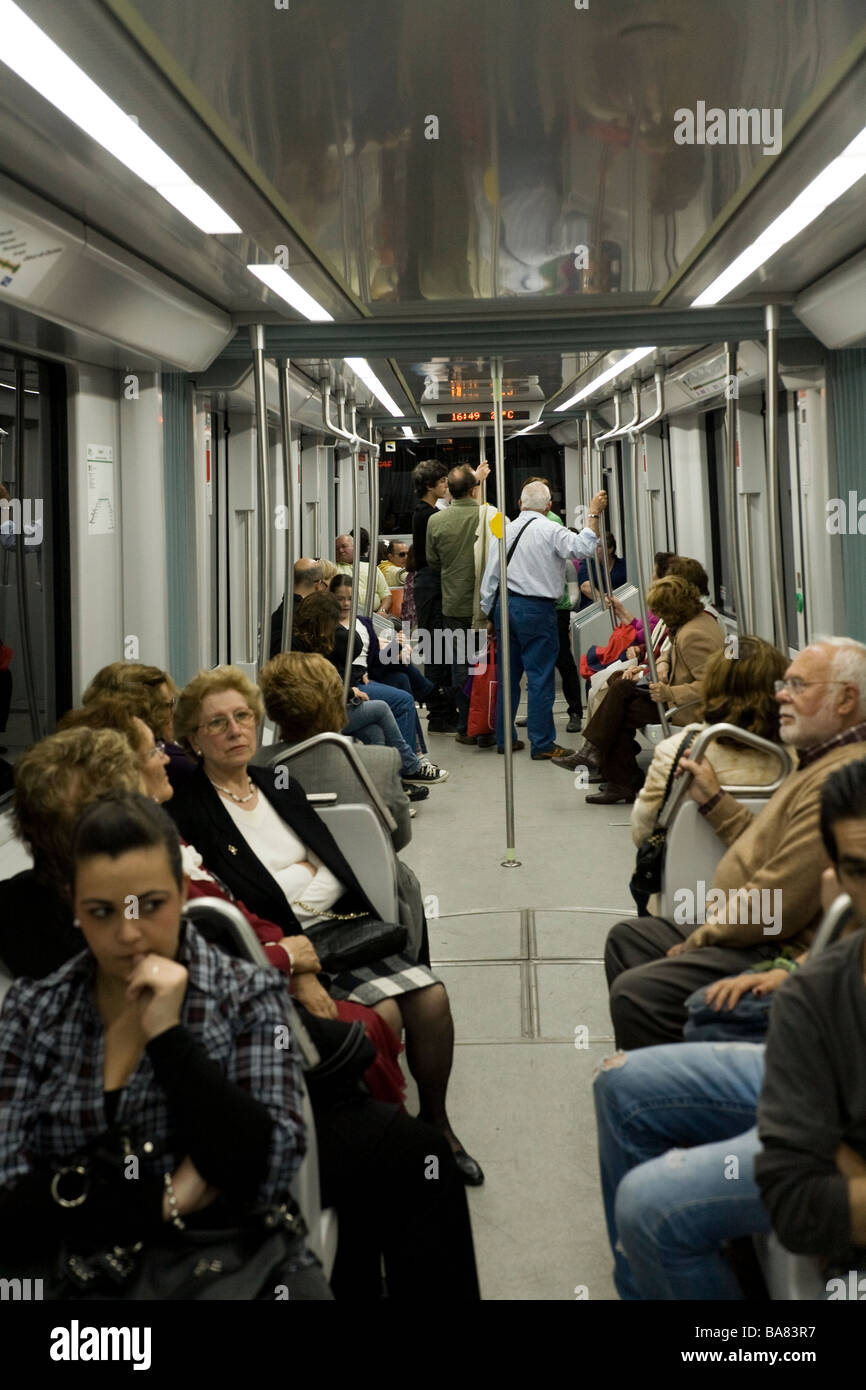 Inside a metro tube train compartment on the Seville metro underground ...
