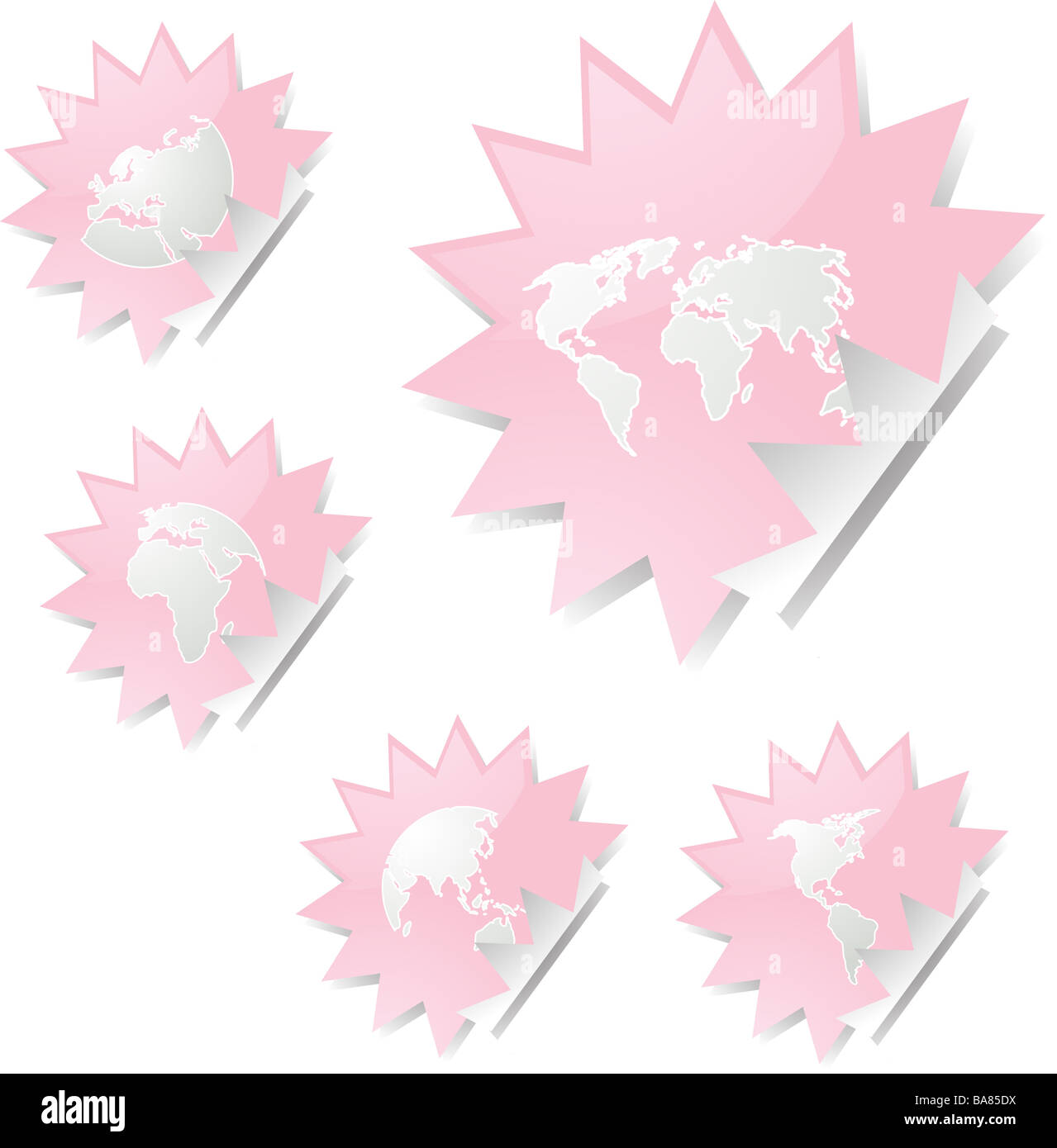 World map icons on spiky sticker shapes Stock Photo - Alamy