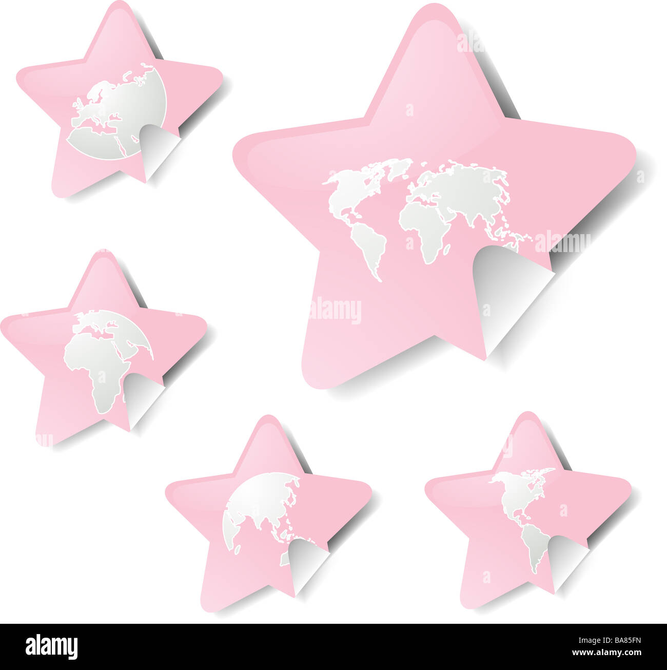 World map icons on star sticker shapes Stock Photo - Alamy