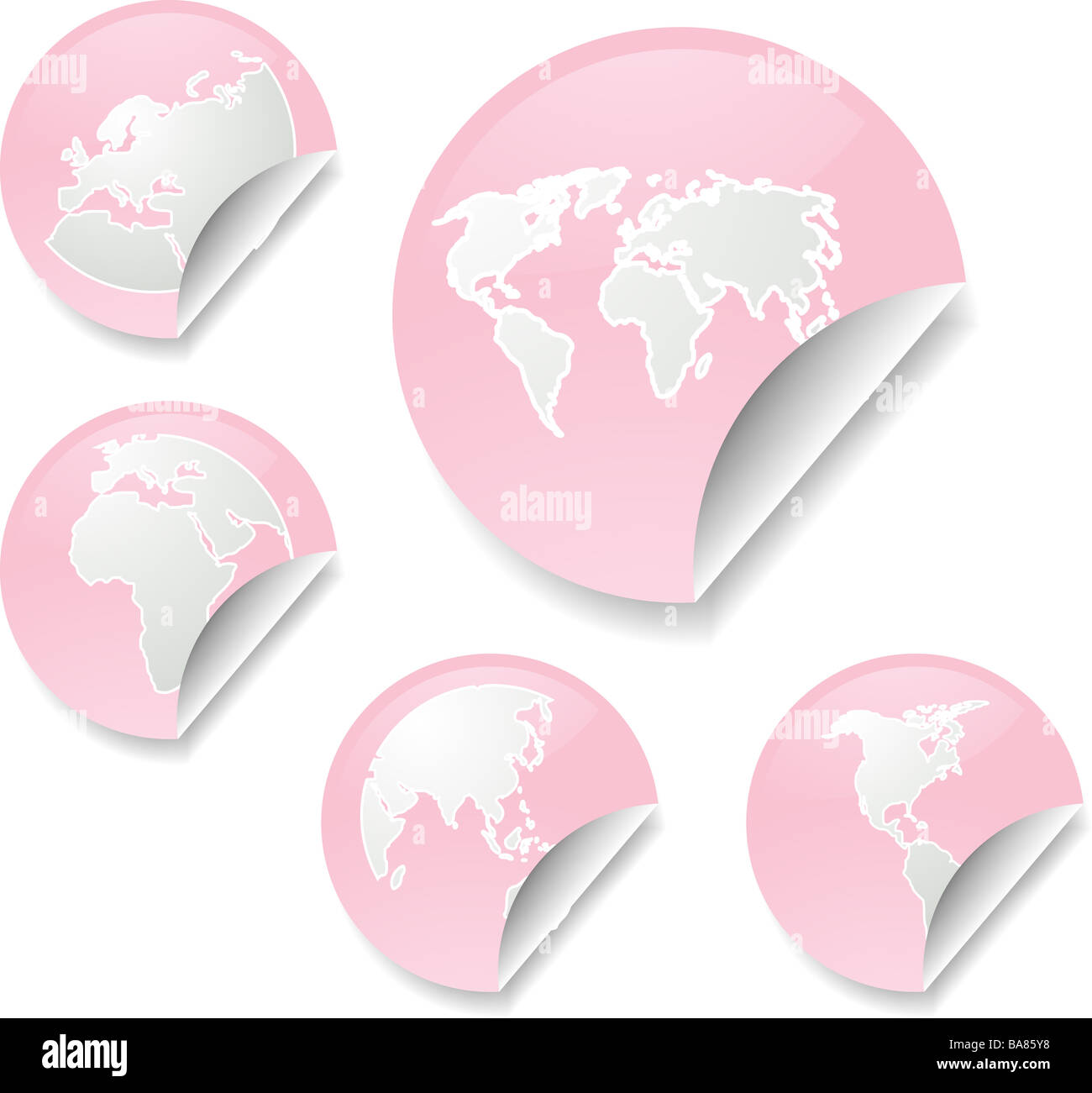 World map icons on round sticker shapes Stock Photo - Alamy