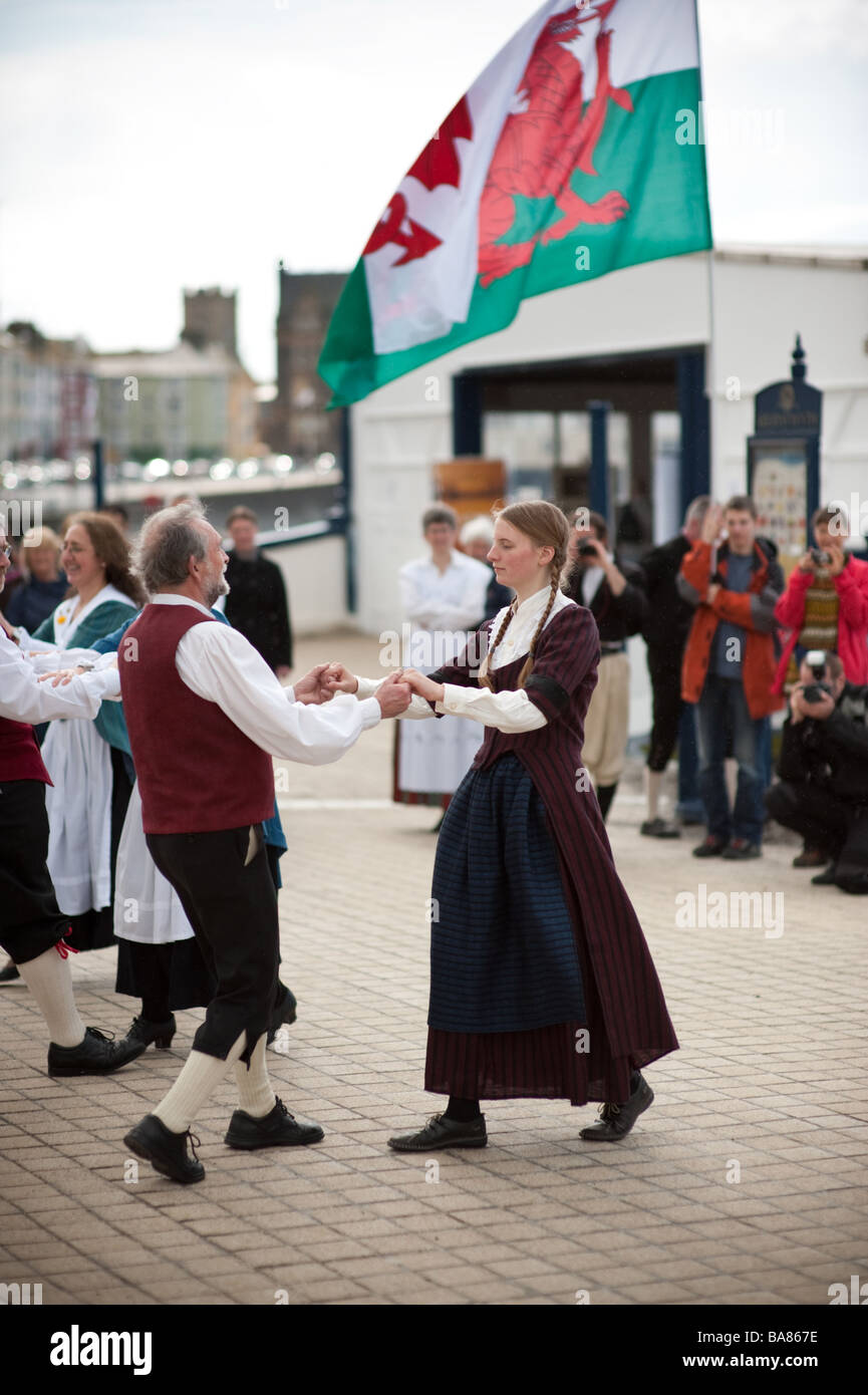Traditional welsh folk dancing on the promenade Aberystwyth Ceredigion ...