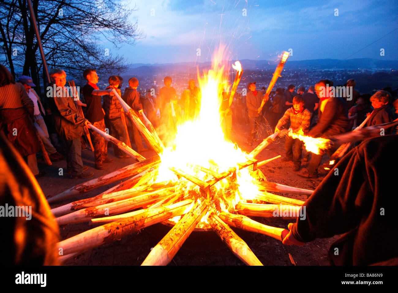 Traditional Easter fire on 7 hills around the city of Attendorn in the ...