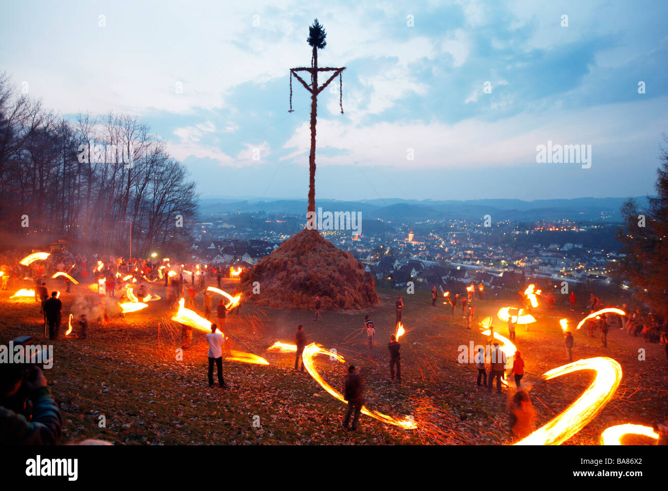Traditional Easter fire on 7 hills around the city of Attendorn in the ...