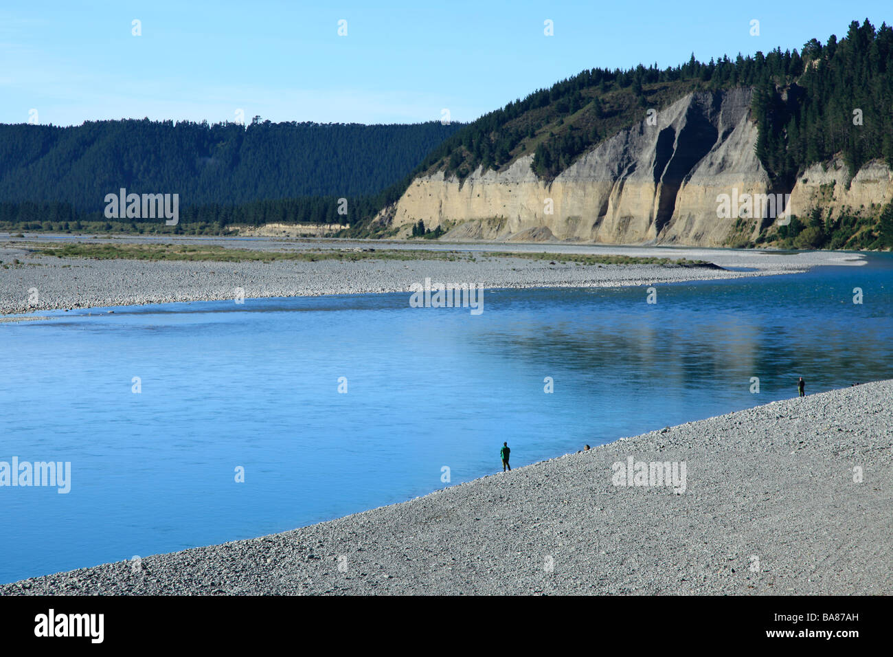 Fly fishing on the banks of the Rakaia braided river, Rakaia Gorge ...