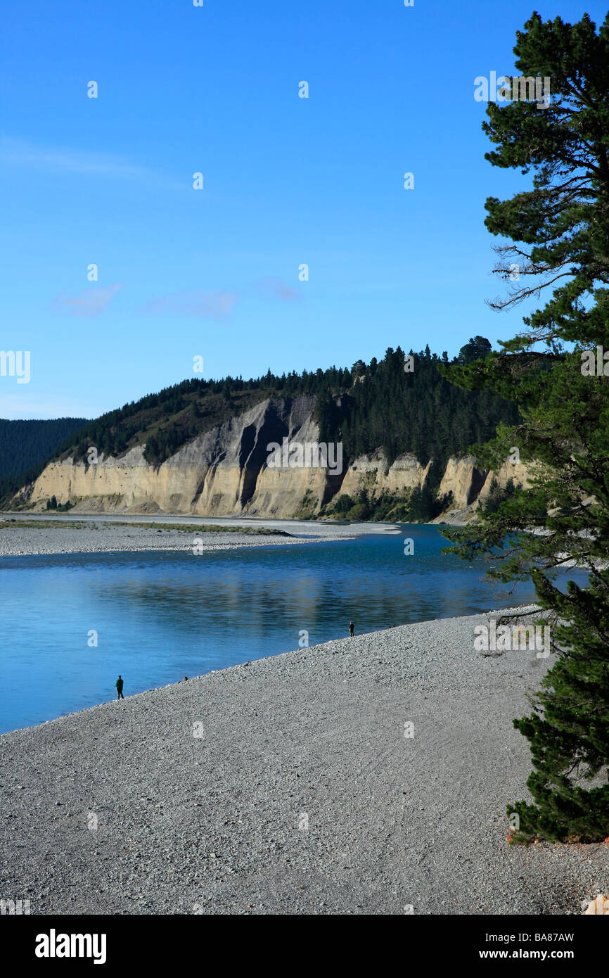 Fly fishing on the banks of the Rakaia braided river, Rakaia Gorge ...