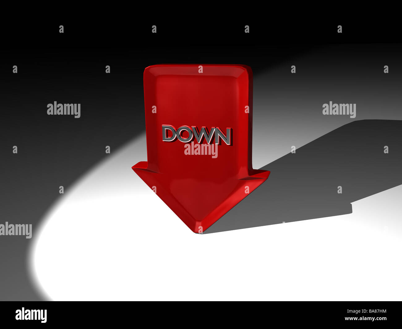 A 3D render of a red arrow pointing down, with the word 'down' in ...