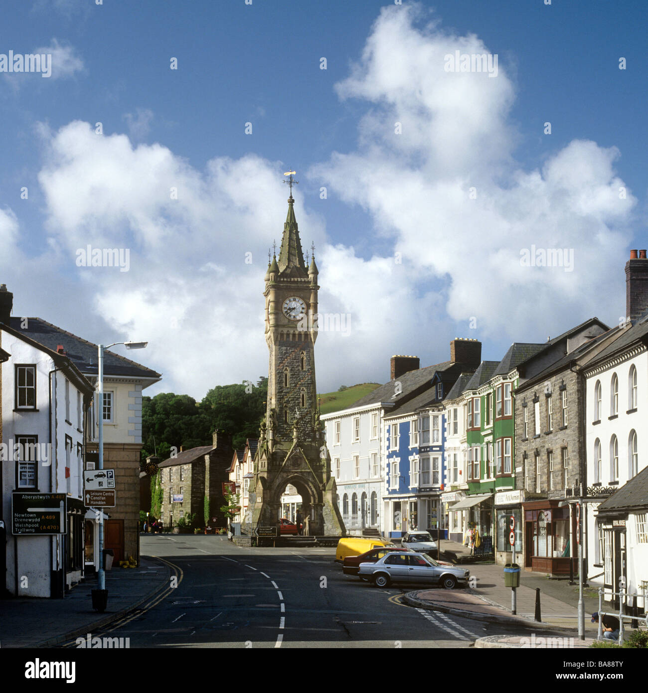UK Wales Powys Machynlleth Town Centre landmark clock Stock Photo - Alamy