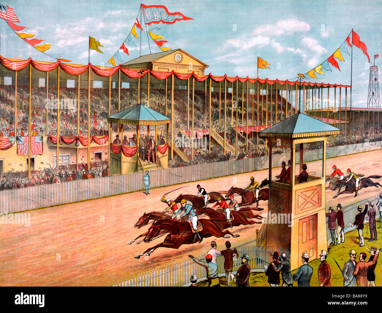 Brighton Beach Race Course - Horses racing past crowds in stands c 1887 ...