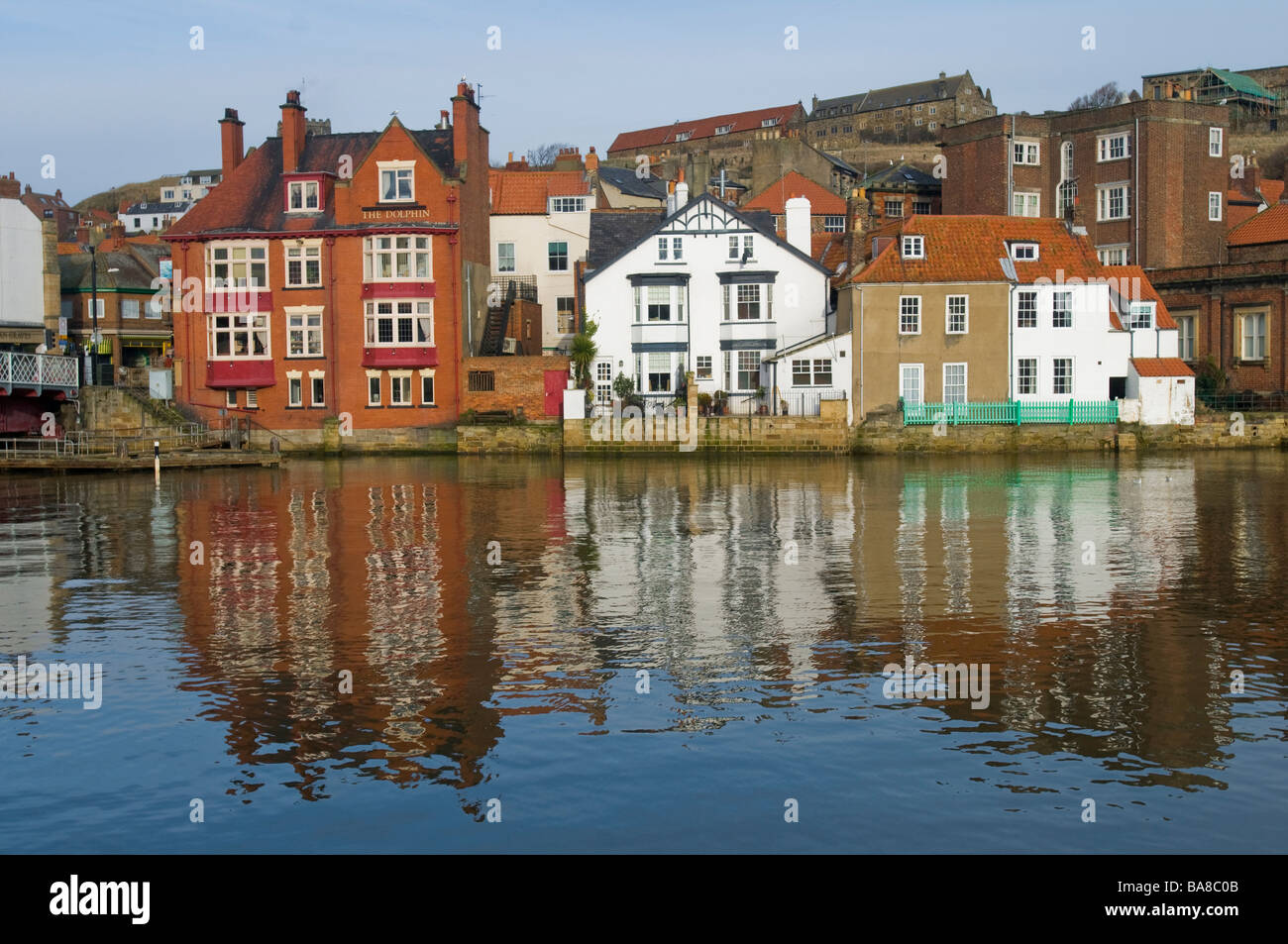 Buildings overlooking the River Esk in Whitby, North Yorkshire Stock ...