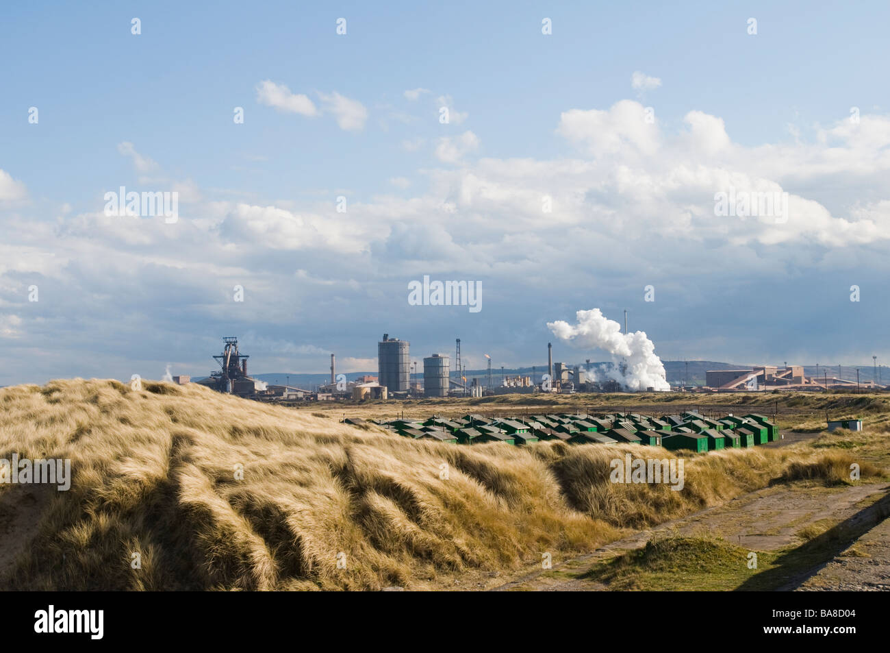 Fisherman's huts and Steelworks, Paddy's Hole, Redcar, Teesside Stock ...