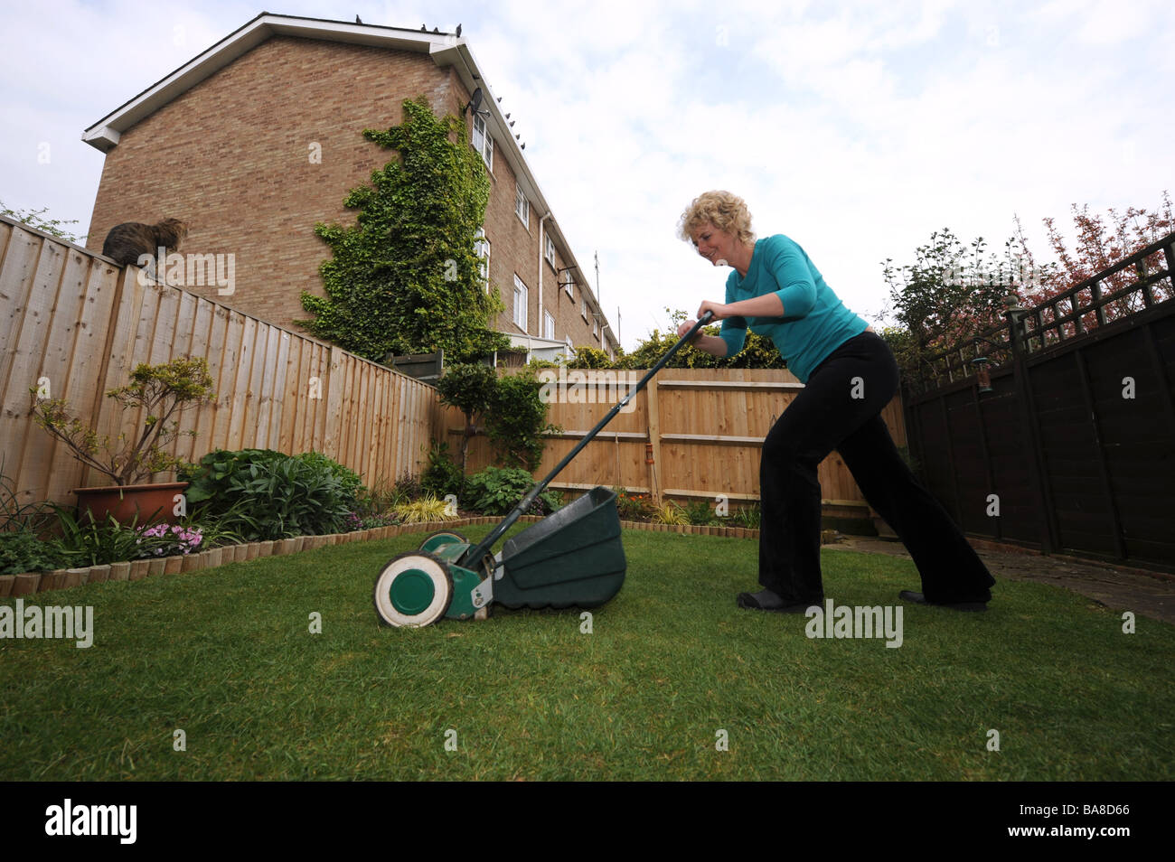 Woman pushing lawn mower hi-res stock photography and images - Alamy