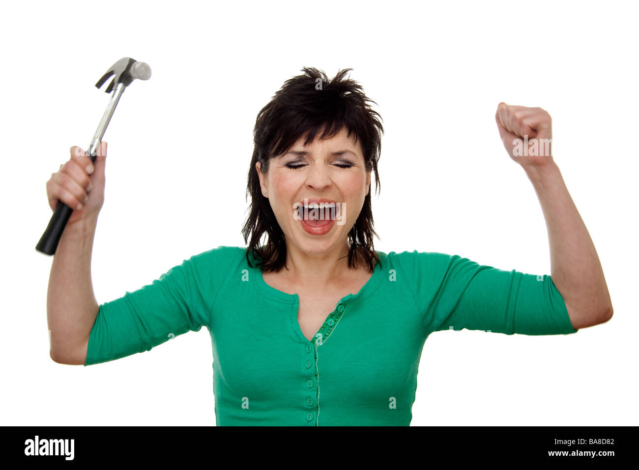 woman holding a hammer angry Stock Photo - Alamy