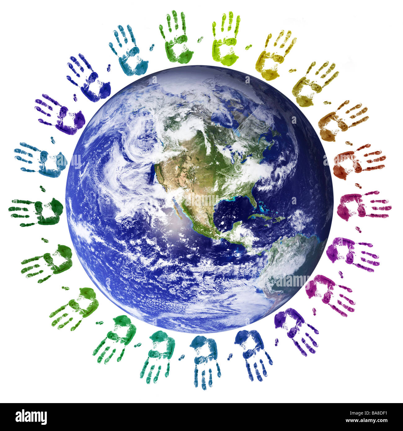 Multi coloured hands joined around the world Stock Photo - Alamy
