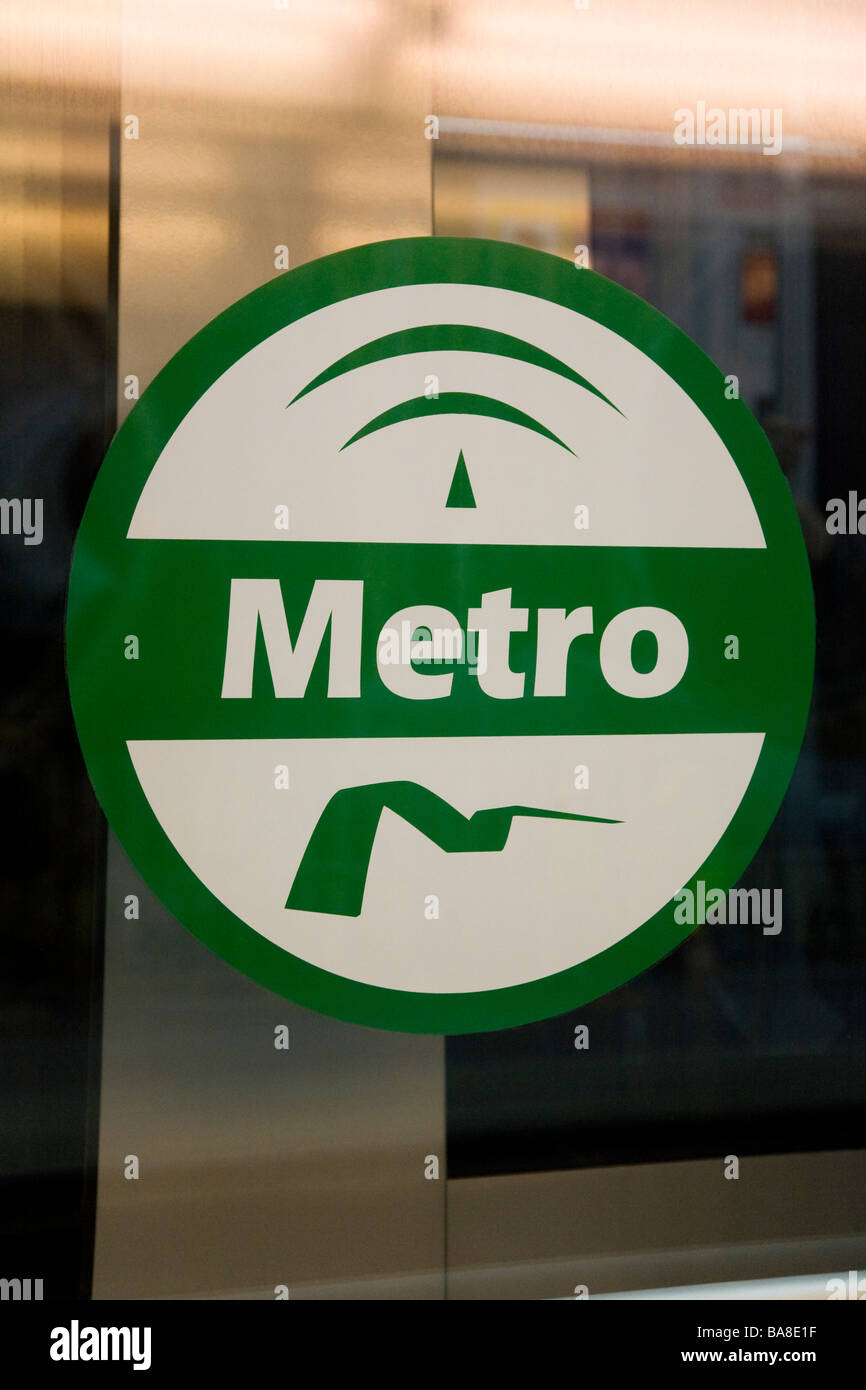 Metro logo sign on a glass platform barrier at Nervion station on the ...