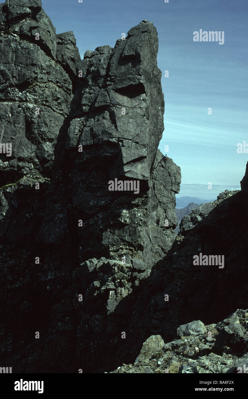 Climbers on the Basteir Tooth, viewed from Sgurr a' Bhasteir. Isle of ...
