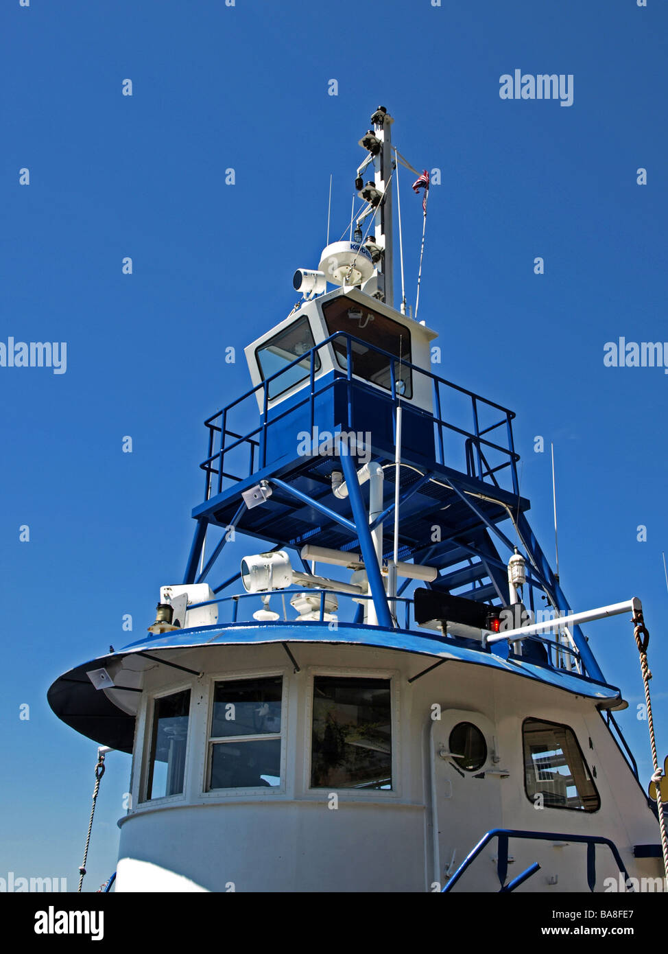 tugboat tug boat conning tower top with electronic equipment and pilot ...