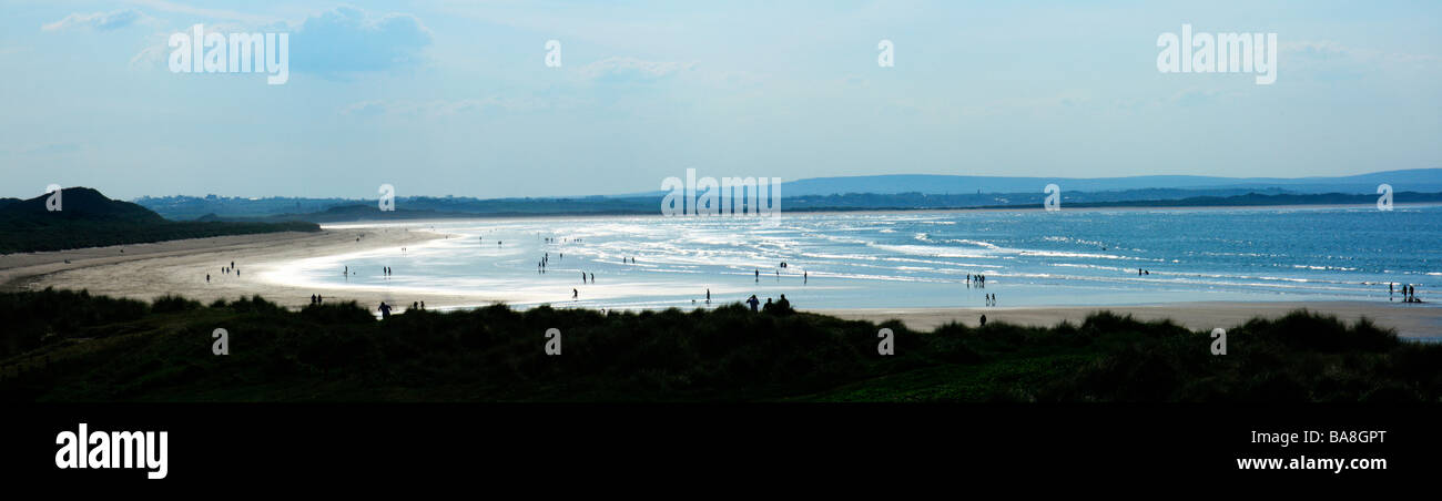 Co Sligo, Ireland; Enniscrone beach with Killala Village in background ...