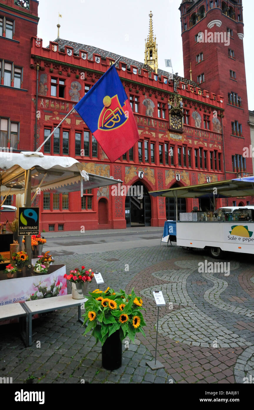 The colorful historic Basel town hall rathaus at Market Square ...
