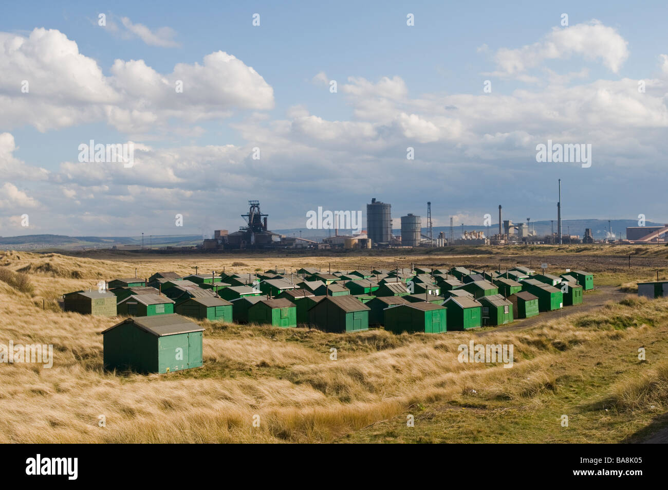 Fisherman's huts and Steelworks, Paddy's Hole, Redcar, Teesside Stock ...