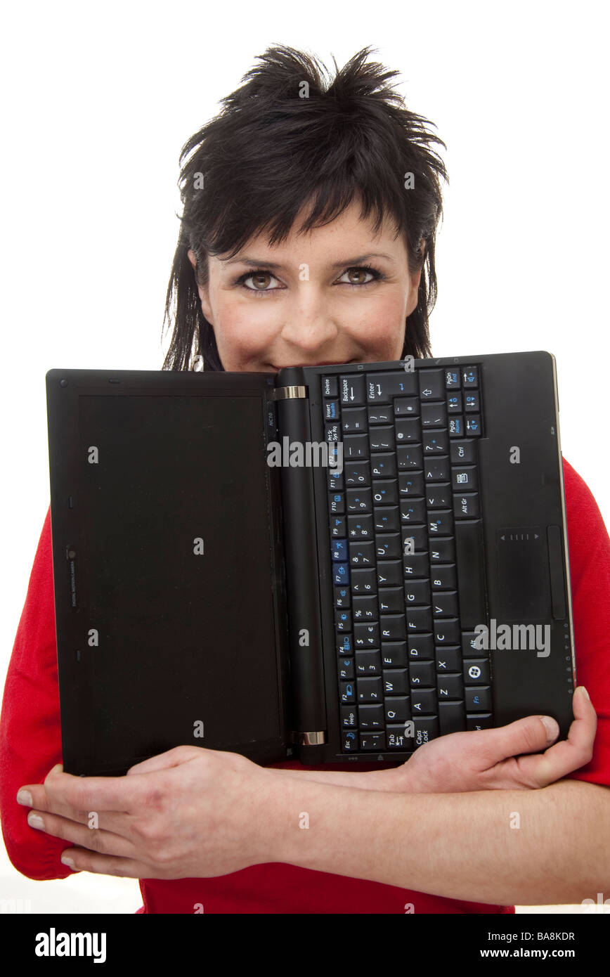woman hugging her laptop computer Stock Photo - Alamy