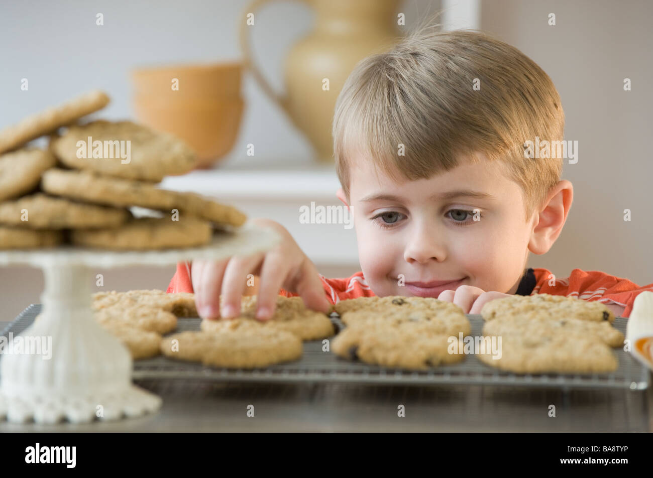 Boy taking fresh cookie from rack Stock Photo - Alamy