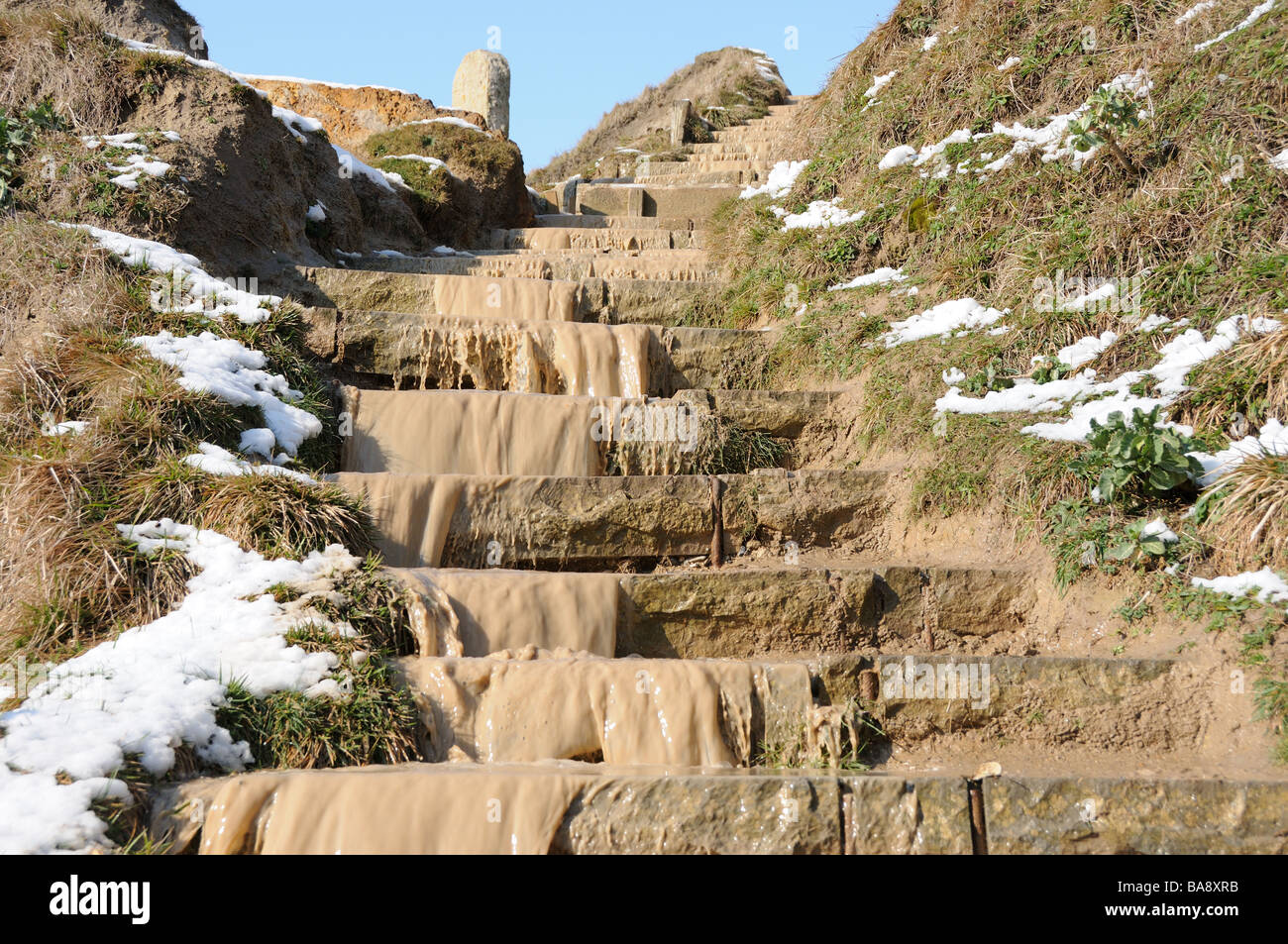 Snowmelt running down steps Stock Photo - Alamy
