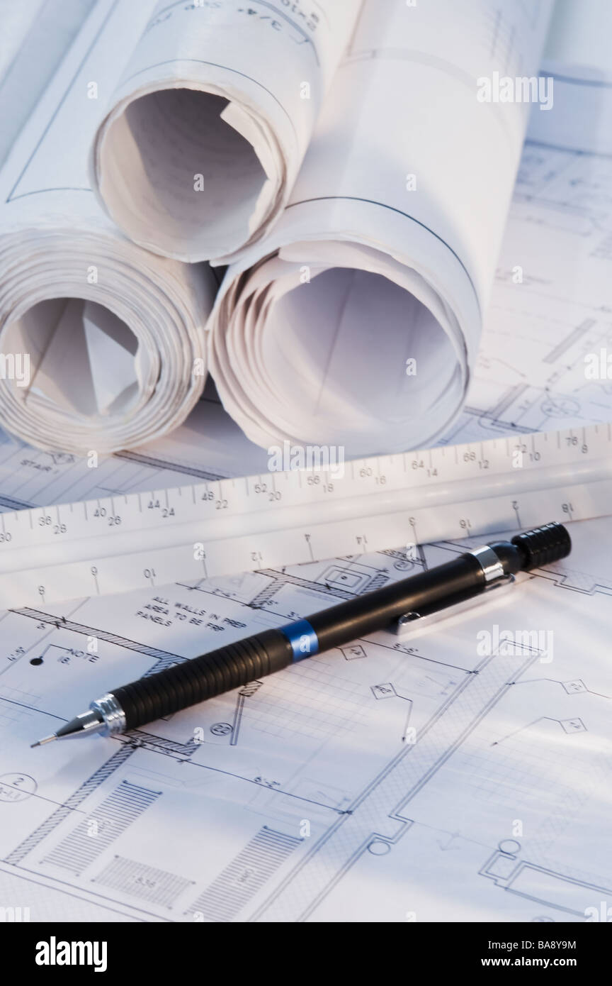 Pen and blueprints Stock Photo - Alamy