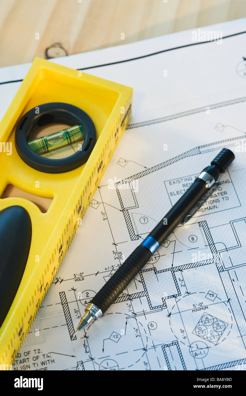 Close up of blueprint and tools Stock Photo - Alamy