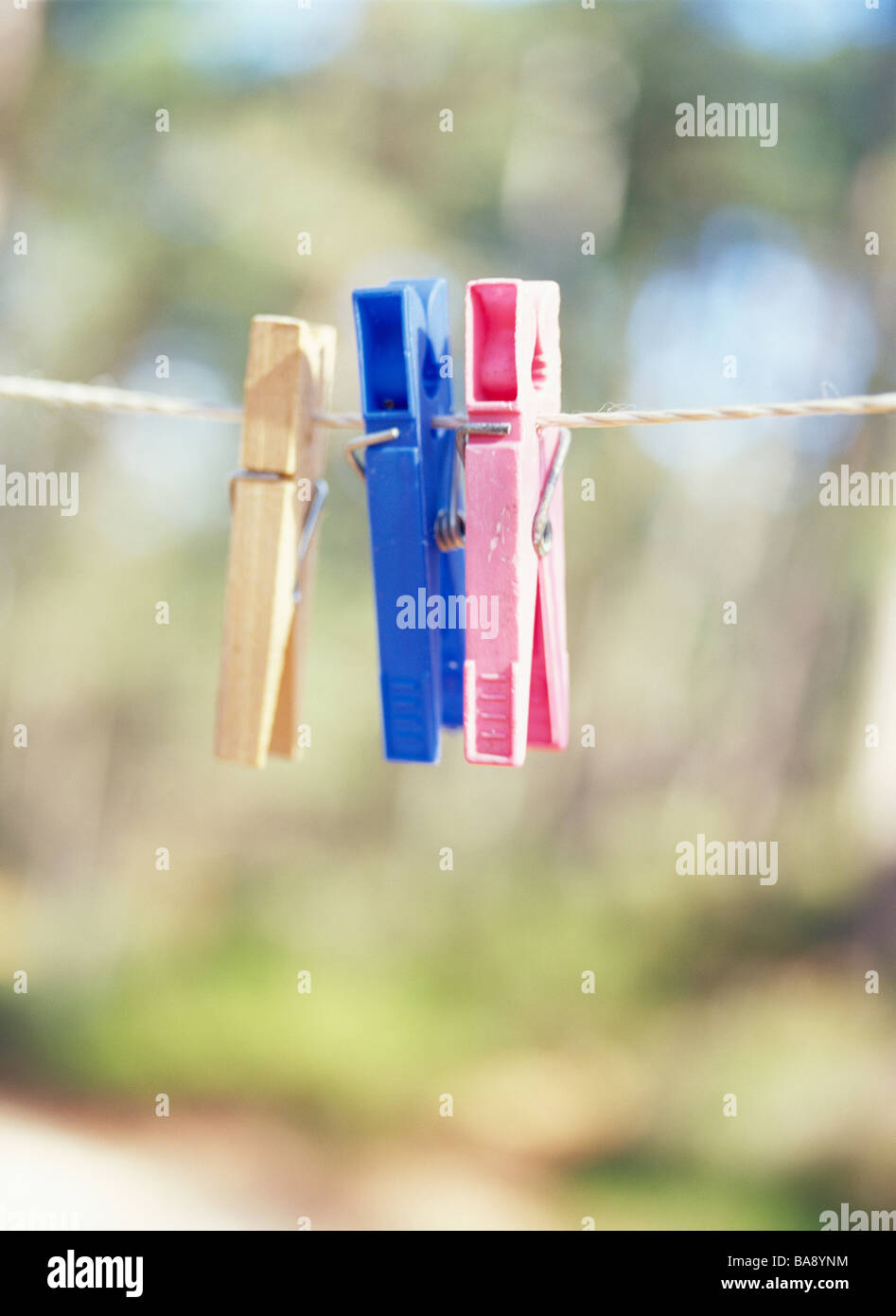 Three clothes pins on a clothes line, Gotland, Sweden Stock Photo - Alamy