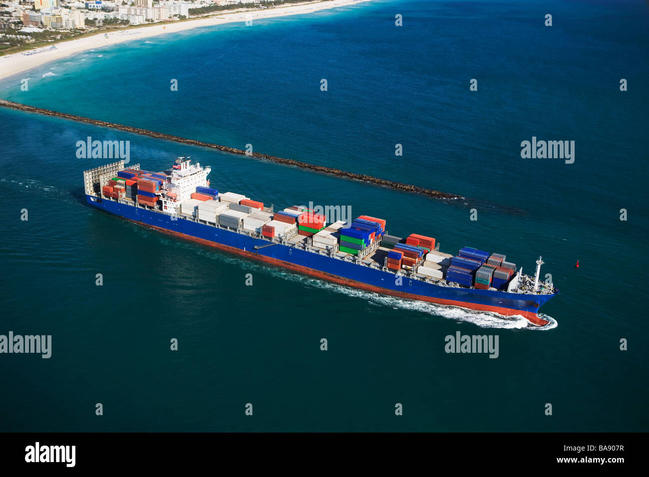 Aerial view of cargo ship Stock Photo - Alamy