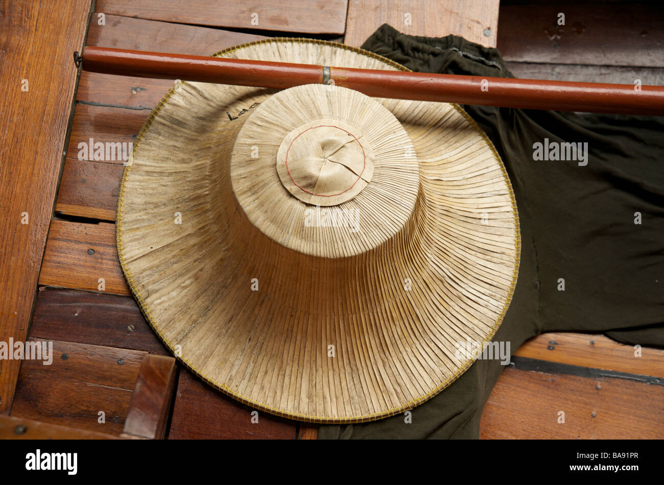 A close up of the distinctive Thai hat on a boat at the floating market ...