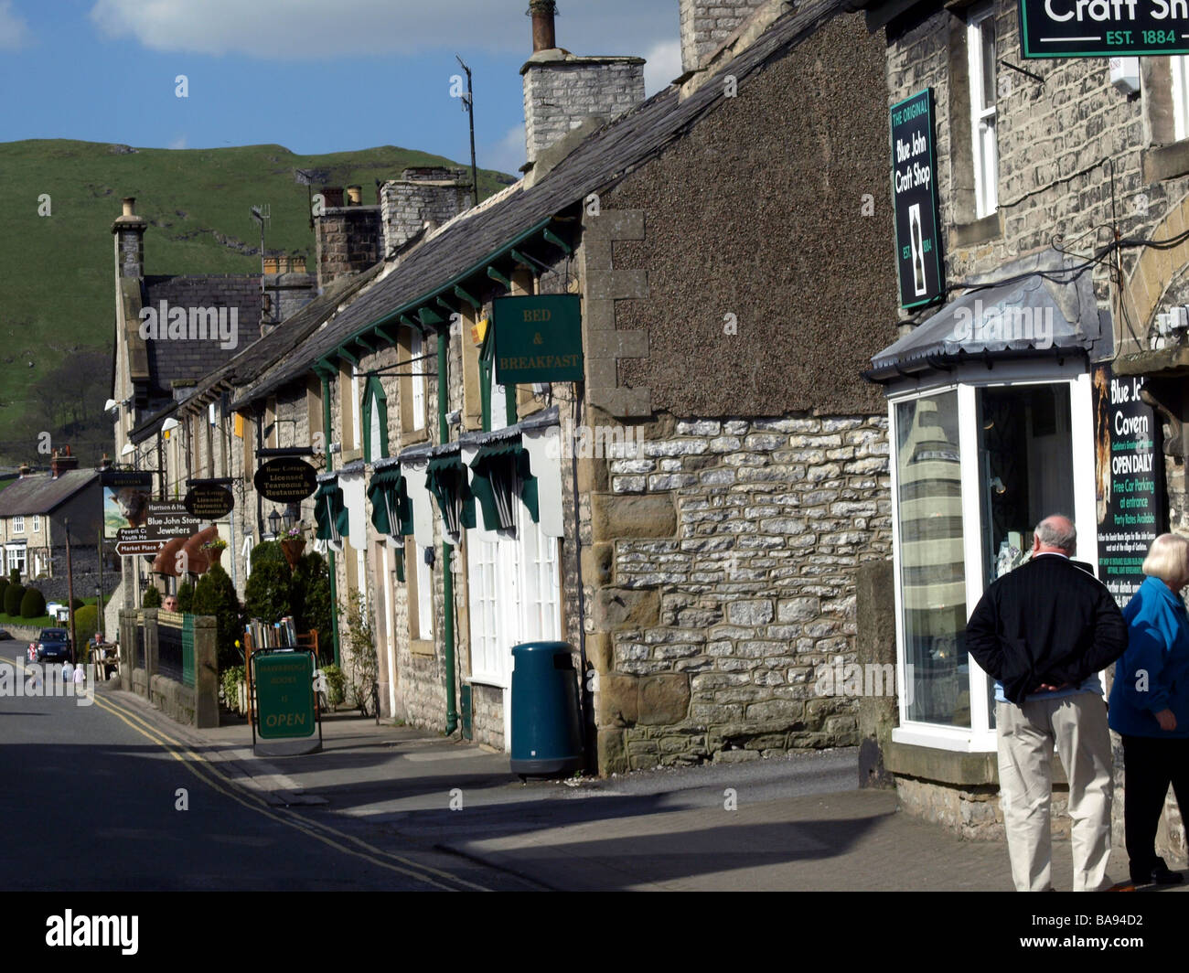 The main road through the village of Castleton,Derbyshire,with "mam tor ...