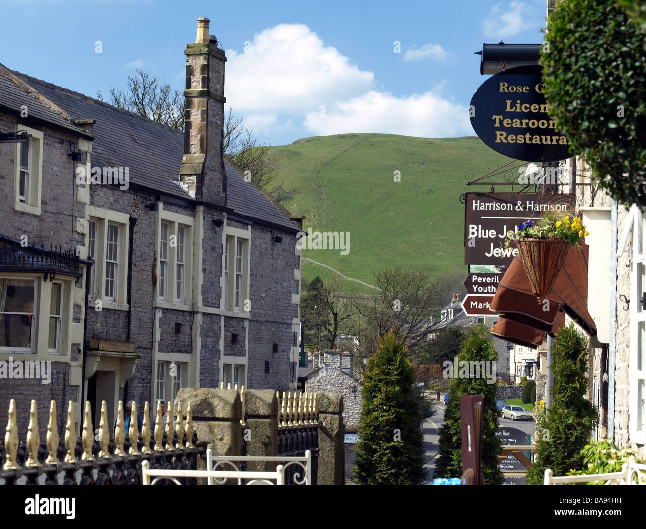 The main road through the village of Castleton,with "mam tor"(510mtrs ...