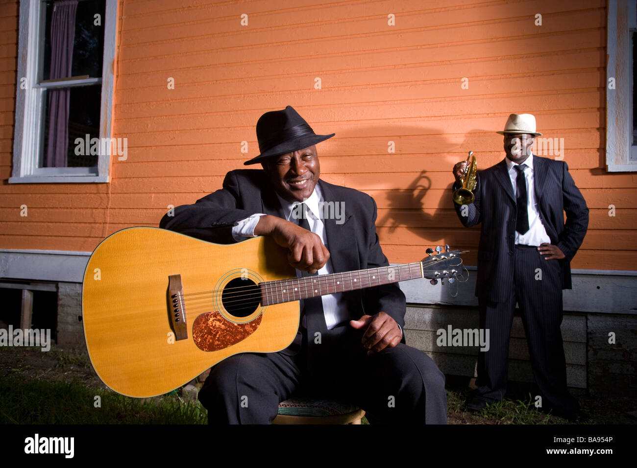 Portrait of African American Blues musicians outside house Stock Photo ...