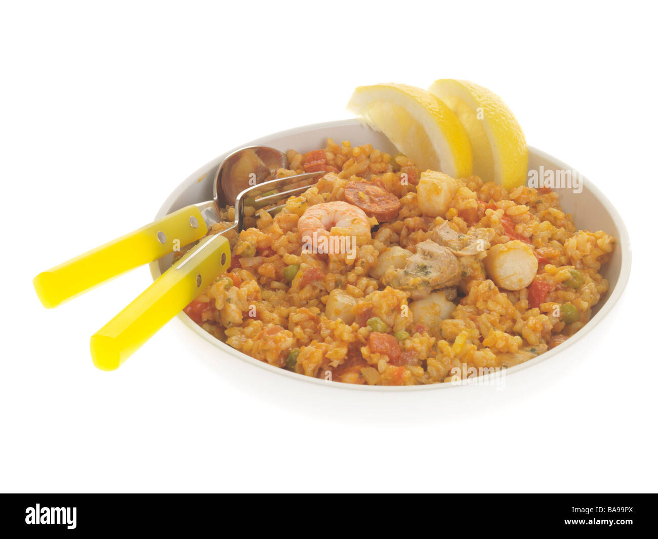 Freshly Prepared Spanish Style Seafood Paella Meal Isolated Against A ...
